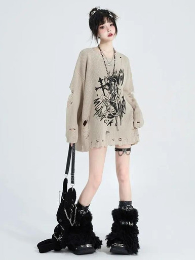 Grunge Aesthetic Distressed Sweater - Cosmique Studio