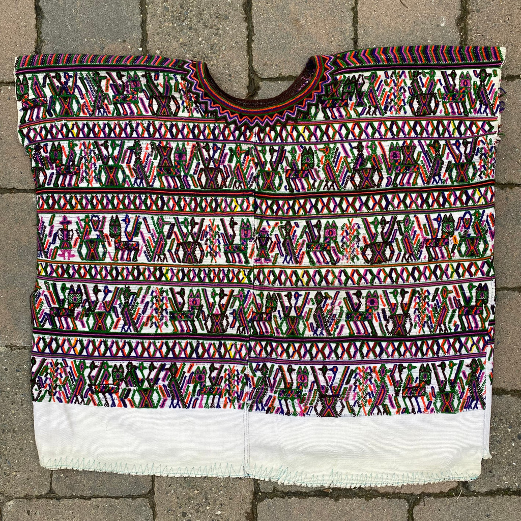 Vintage Handwoven Nebaj Guatemala Huipil, Authentic White Base Blouse