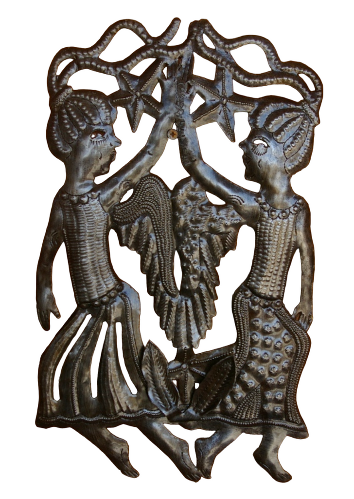 Handcrafted Haitian Metal Art, Twin Angels Bring Luck, Eco-Friendly Decor