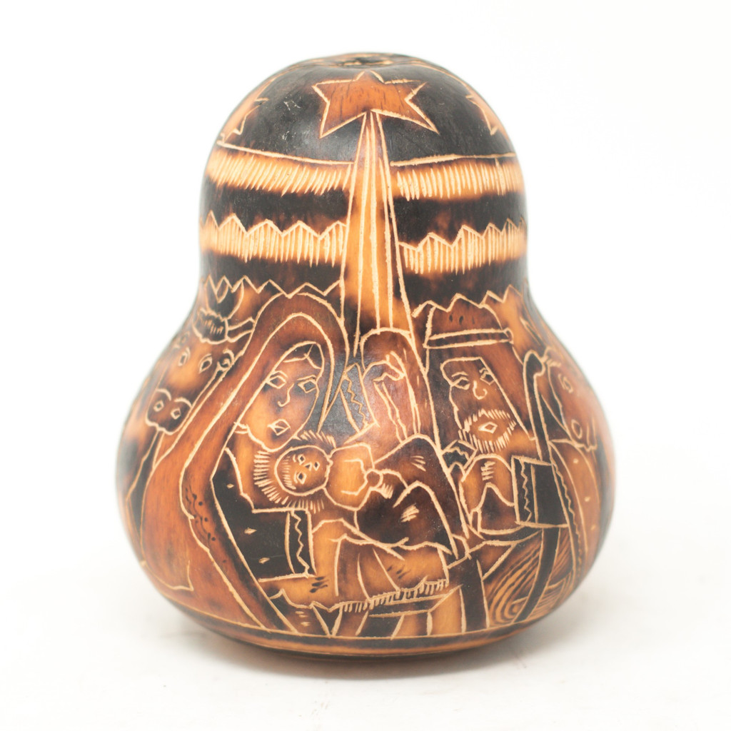 Peruvian Folk Art , Hand Carved Gourd Nativity Scene and Llamas