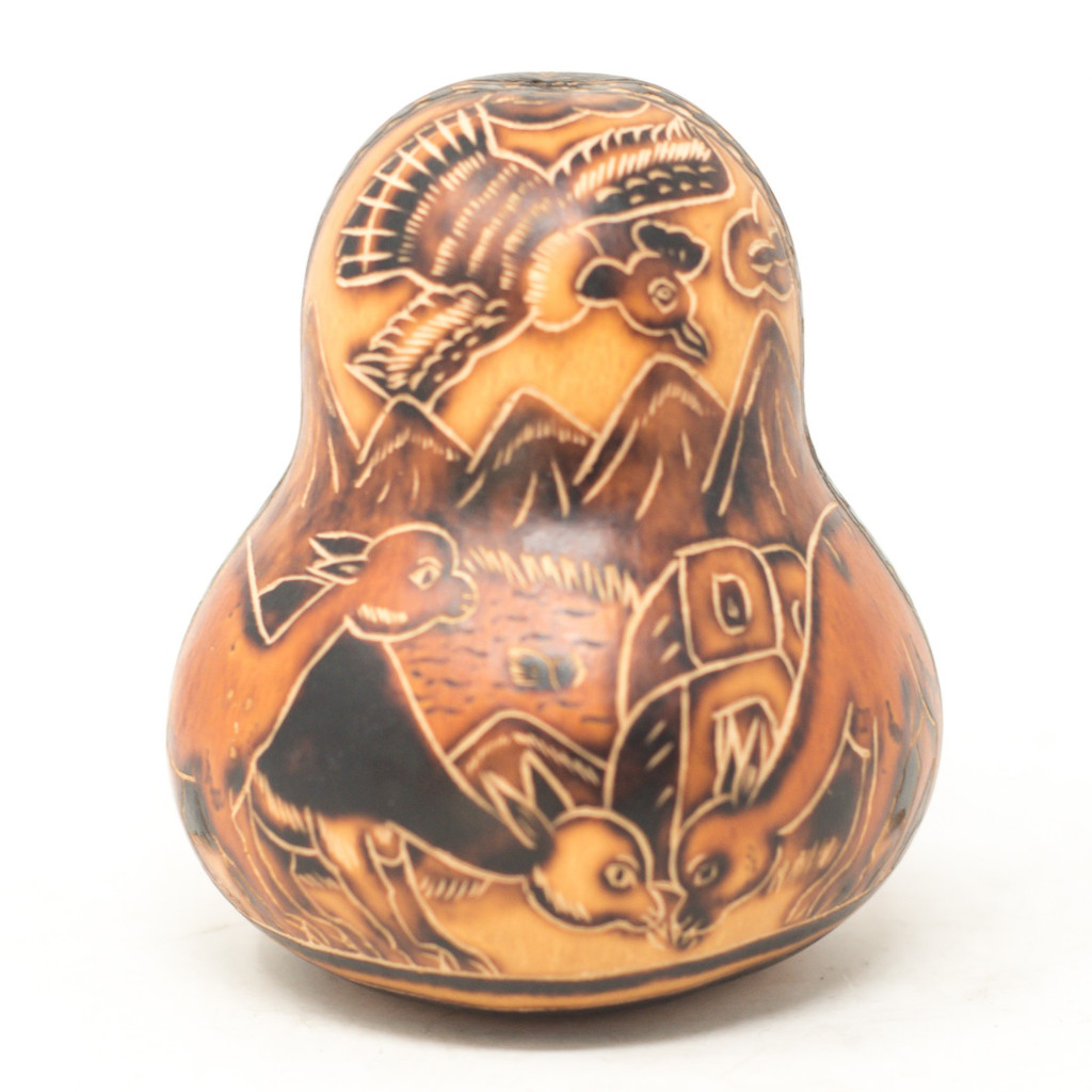 Peruvian Folk Art , Hand Carved Gourd Nativity Scene and Llamas