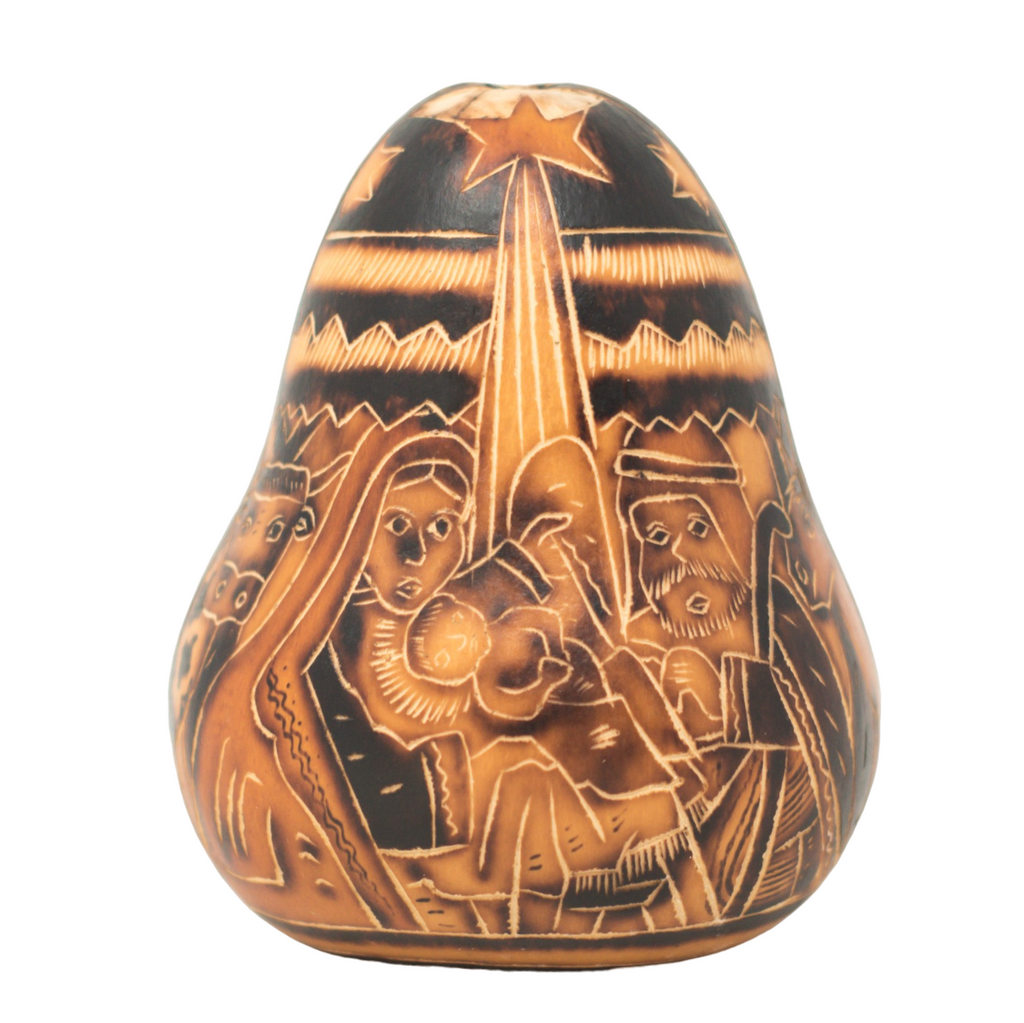Handcarved Peruvian Gourd, Nativity in Christmas & Weavers by Pablo Hurtado