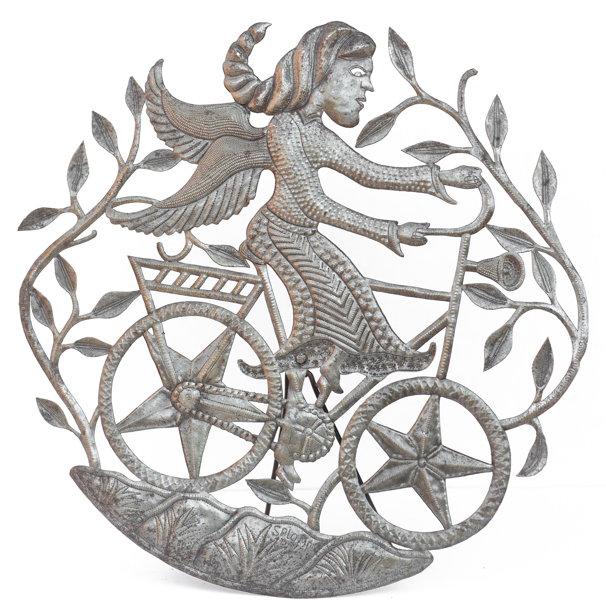 Handmade Fireplace Stand, Angel Riding Bike Down Hill, Haitian Folk Art