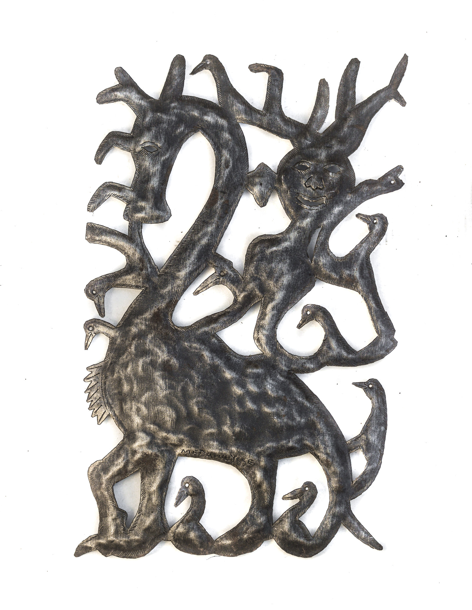 Handmade Haitian Sculpture, Voodoo Man on Horse, Vintage Metal Art