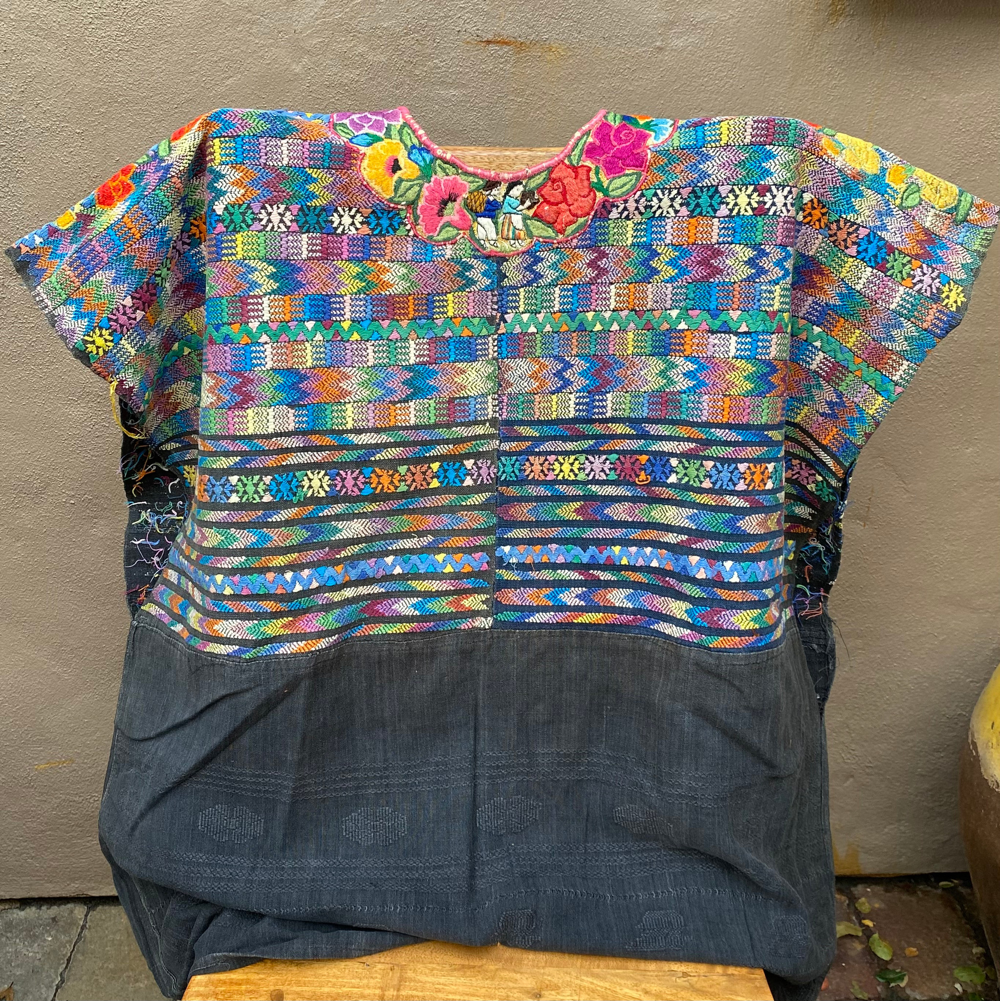 Vintage Handwoven Guatemalan Huipil, Black Floral Blouse with Couple