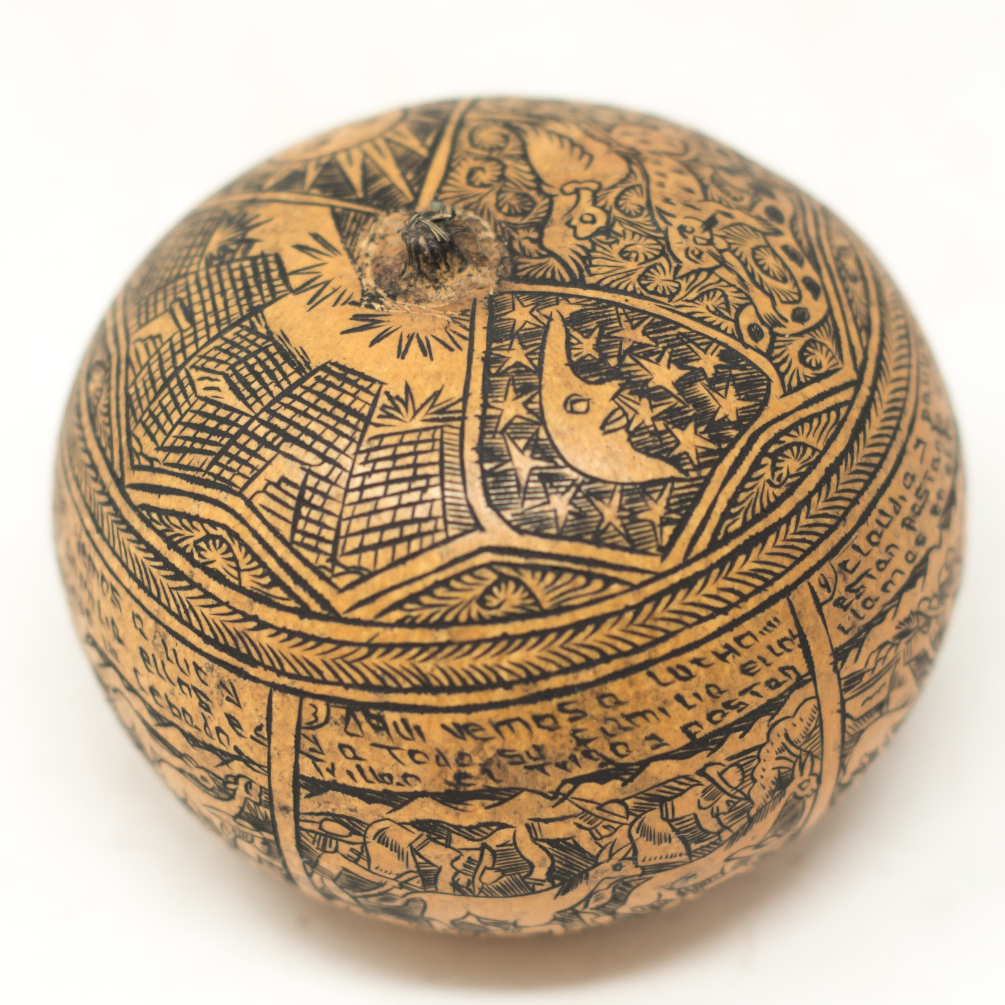 Peruvian Gourd Carved with Extreme Detail, A Story of Claudia's Life