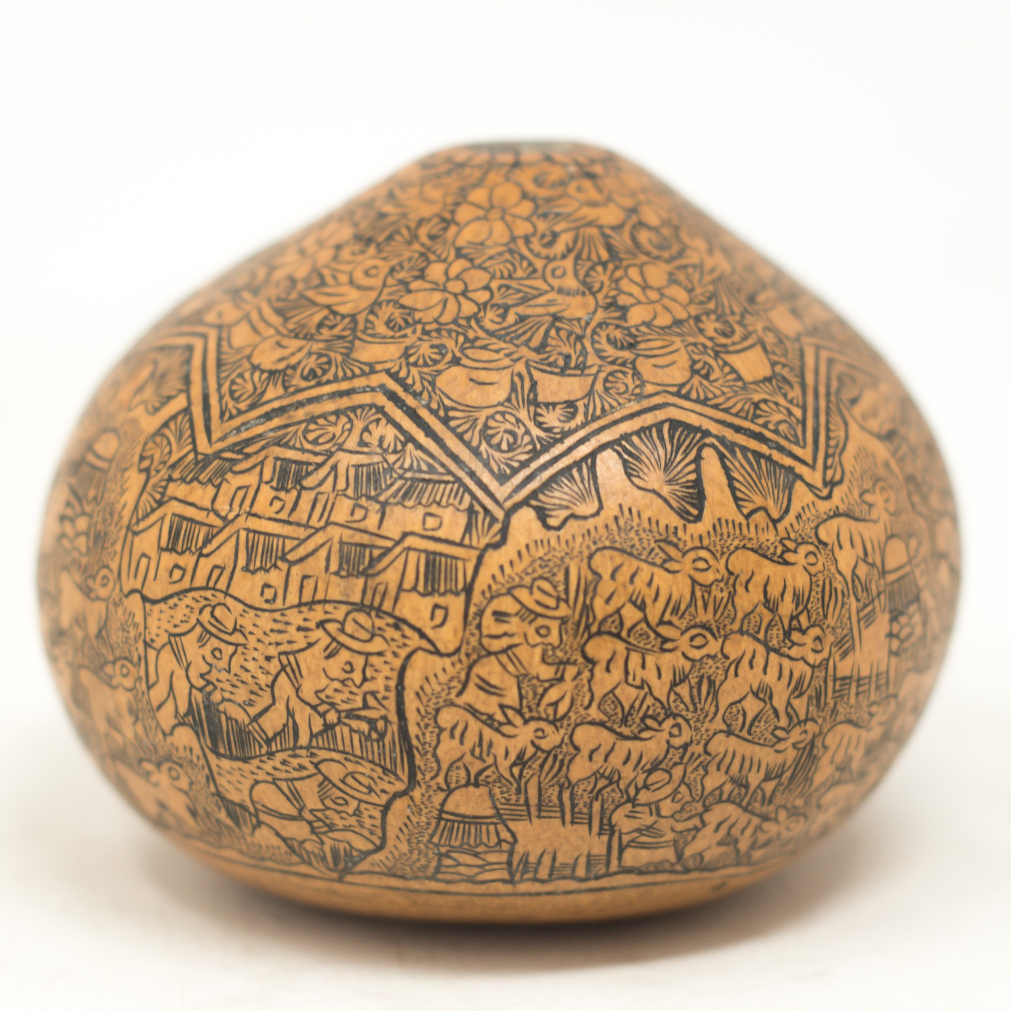 Peruvian Gourd Carved A Story of Farming and Dancing Llamas, Vintage ...