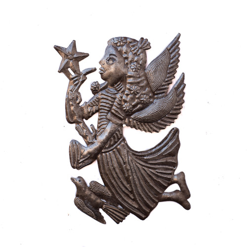 Handcrafted Haitian Folk Art, Angel with Saxophone, Metal Sculpture