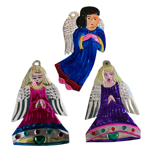 Handcrafted Mexican Christmas Decor, Angel Tin Ornament Set, Colorful