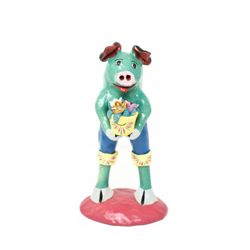 Hand Crafted Vintage Clay Mexican Folk Art, Teal Pig with Flower Pot ...