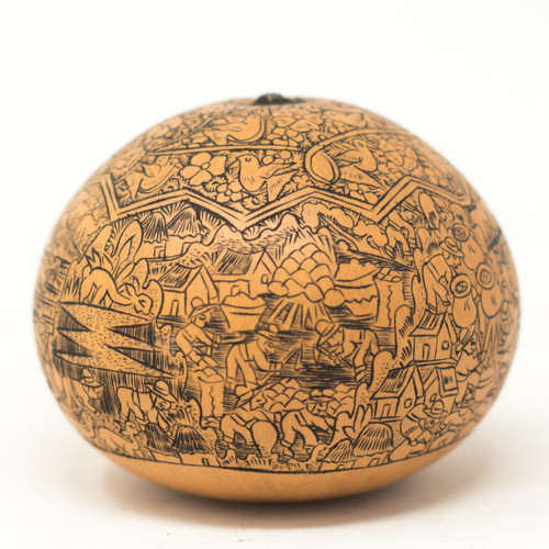 Peruvian Gourd Carved with Extreme Detail, A Story of Farming in the Andes