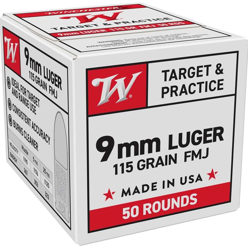 Winchester Target & Practice 9mm Luger Ammunition 50 Rounds FMJ 115 ...