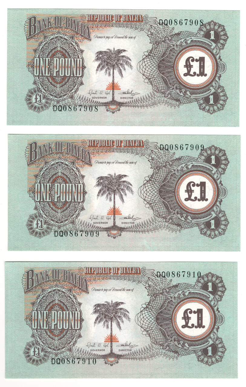 Biafra: 1969 1 Pound Banknotes 3 Consecutive in Sequence - London Coin ...