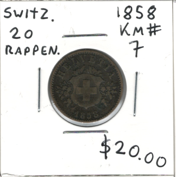 Switzerland: 1858 20 Rappen - London Coin Centre Inc.