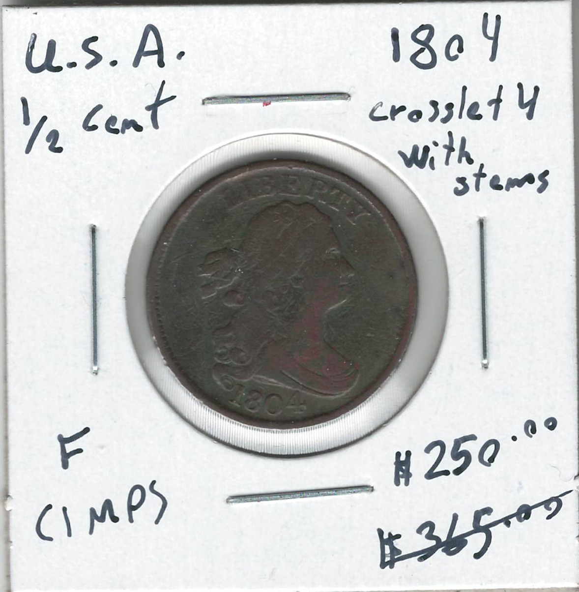 United States: 1804 1/2 Cent Crosslet 4 with Stems F with Imperfections ...