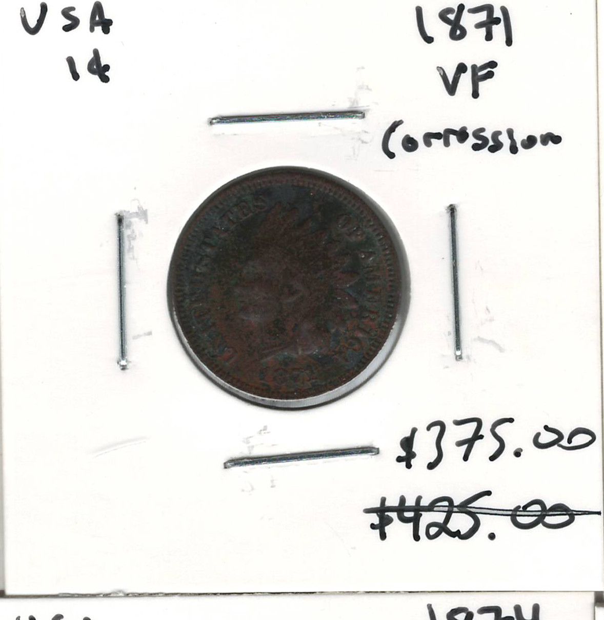 United States: 1871 1 Cent VF20 with Corrosion - London Coin Centre Inc.