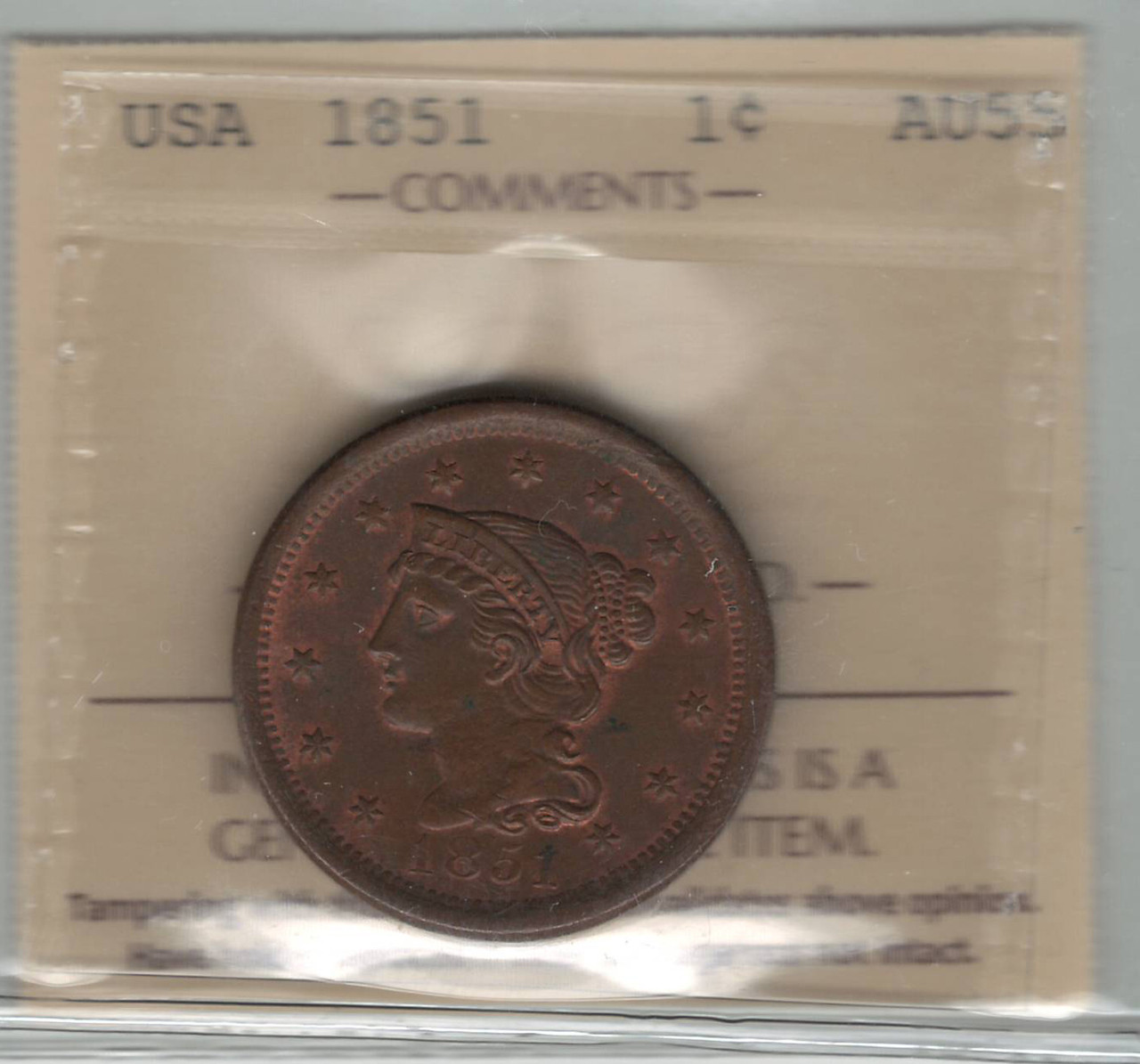 United States: 1851 1 Cent Braided Hair ICCS AU55 Traces of Red ...
