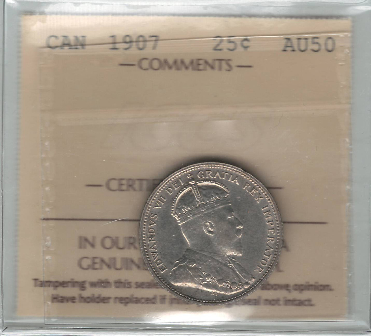 Canada: 1907 25 Cent ICCS AU50 - London Coin Centre Inc.