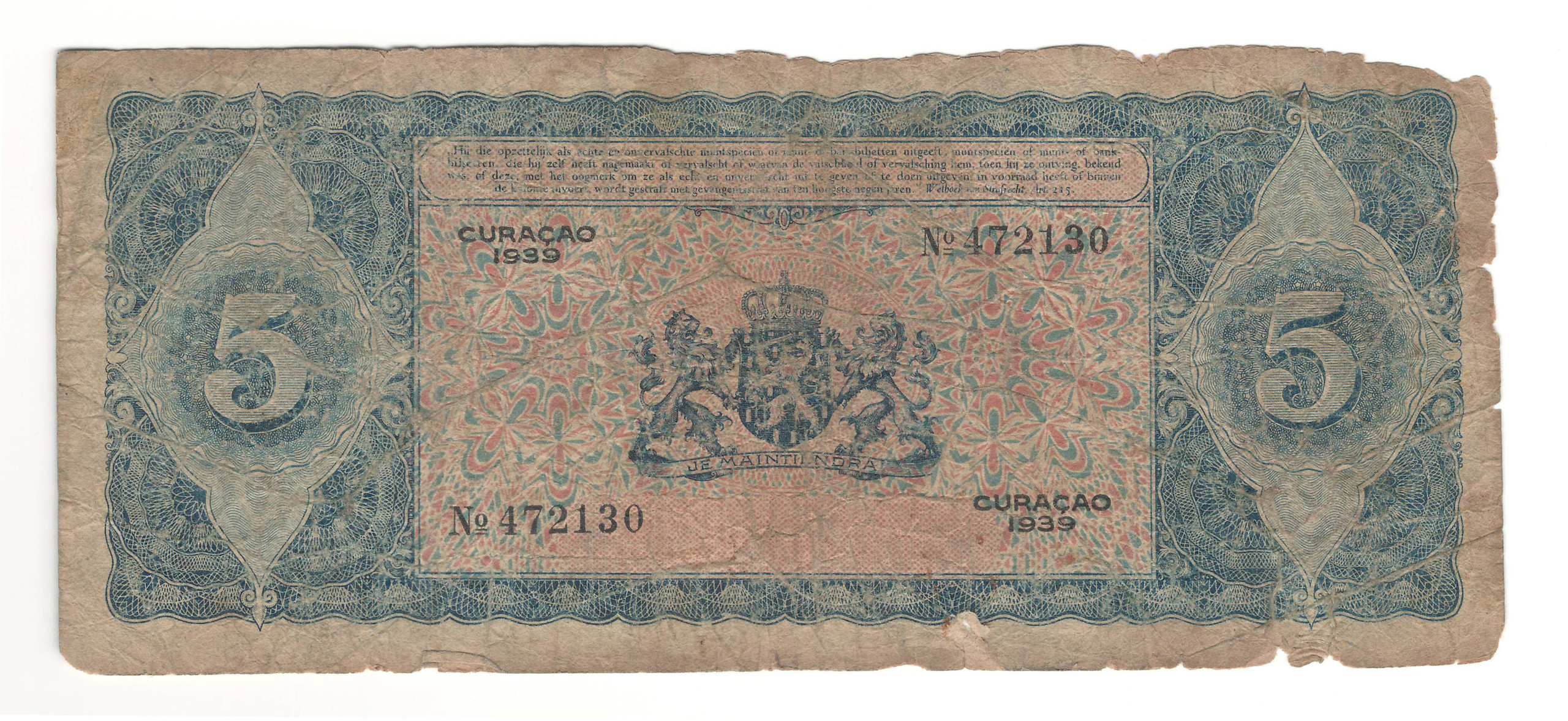 Curacao: 1939 5 Gulden Banknote - London Coin Centre Inc.