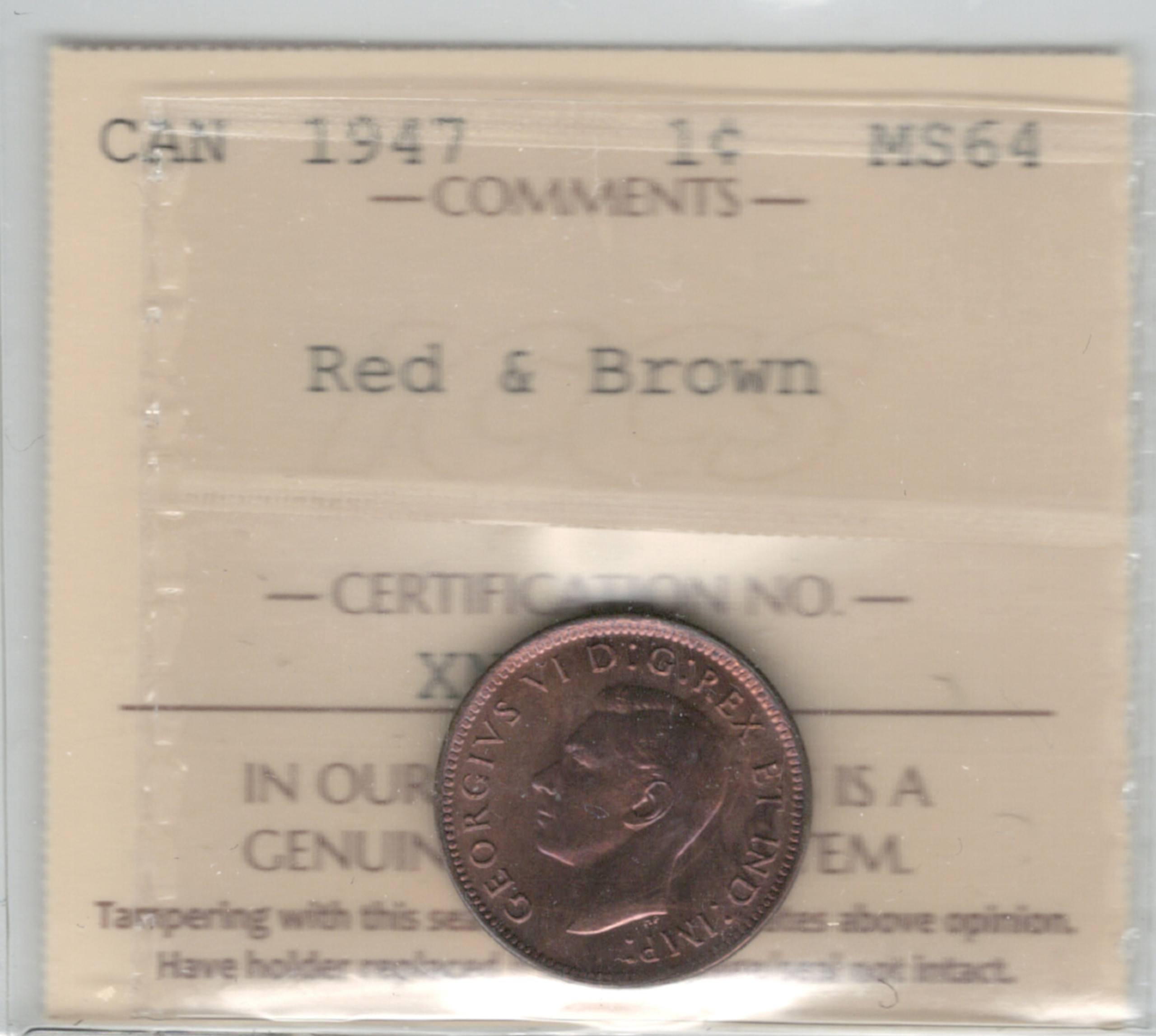 Canada: 1947 1 Cent ICCS MS64 RB - London Coin Centre Inc.