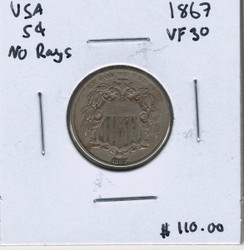 United States: 1867 5 Cent No Rays VF30 - London Coin Centre Inc.