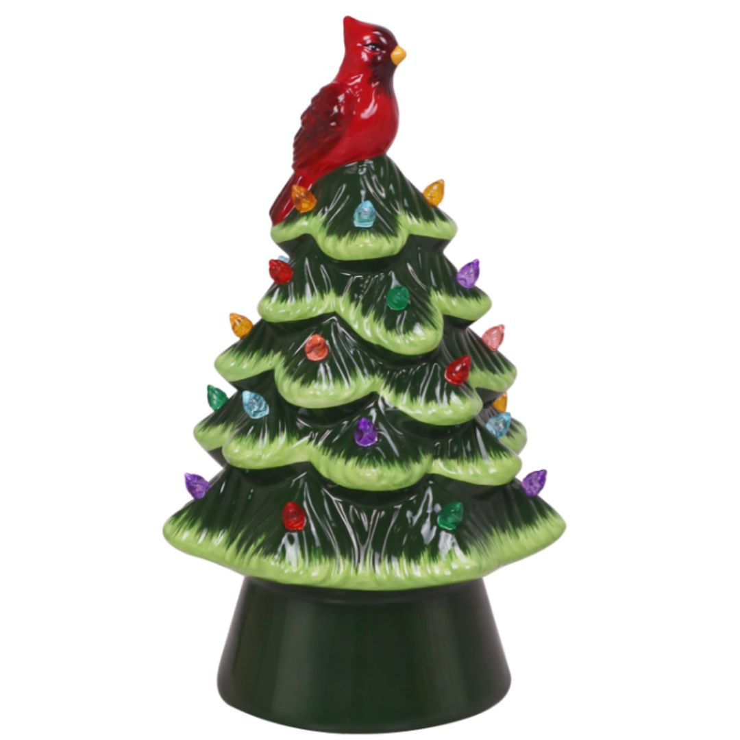 8.5" LED Green Ceramic Light Up Christmas Tree with Cardinal Topper ...