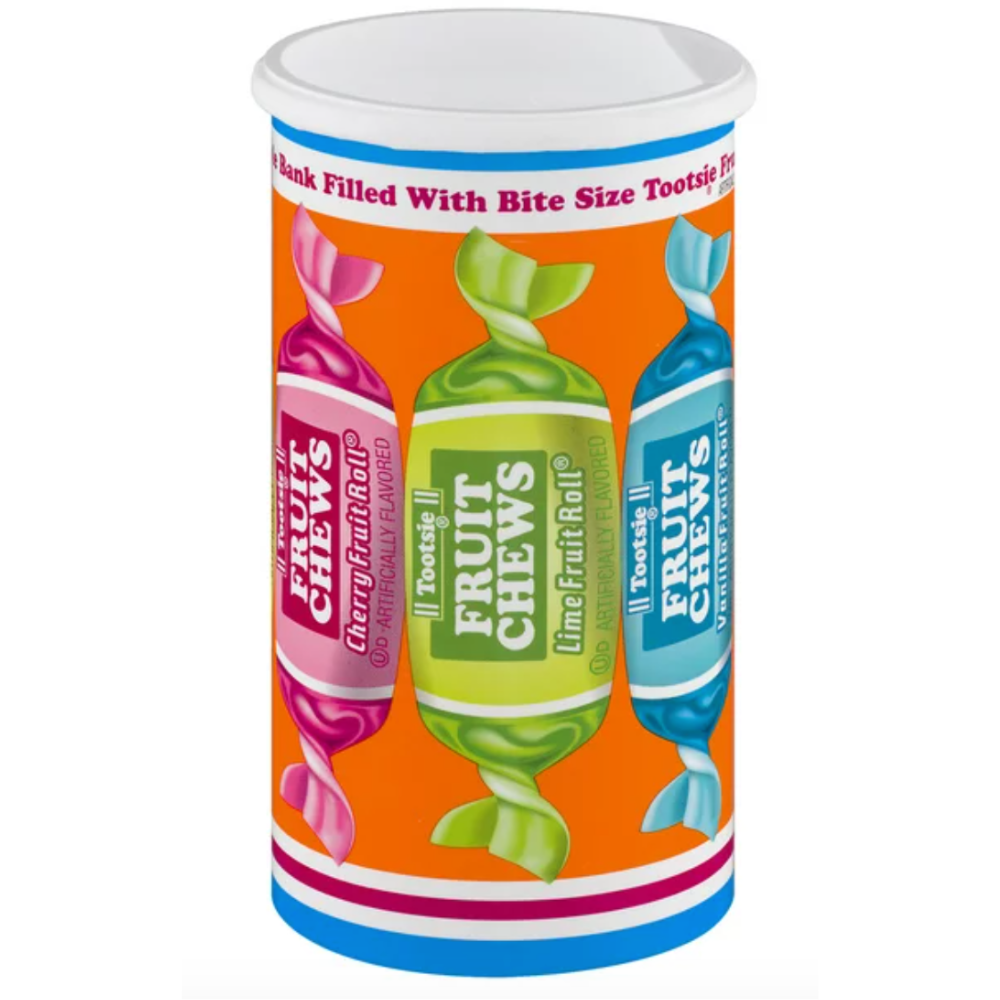 Tootsie Fruit Chews in Festive Reusable Bank Canada | RetroFestive.ca
