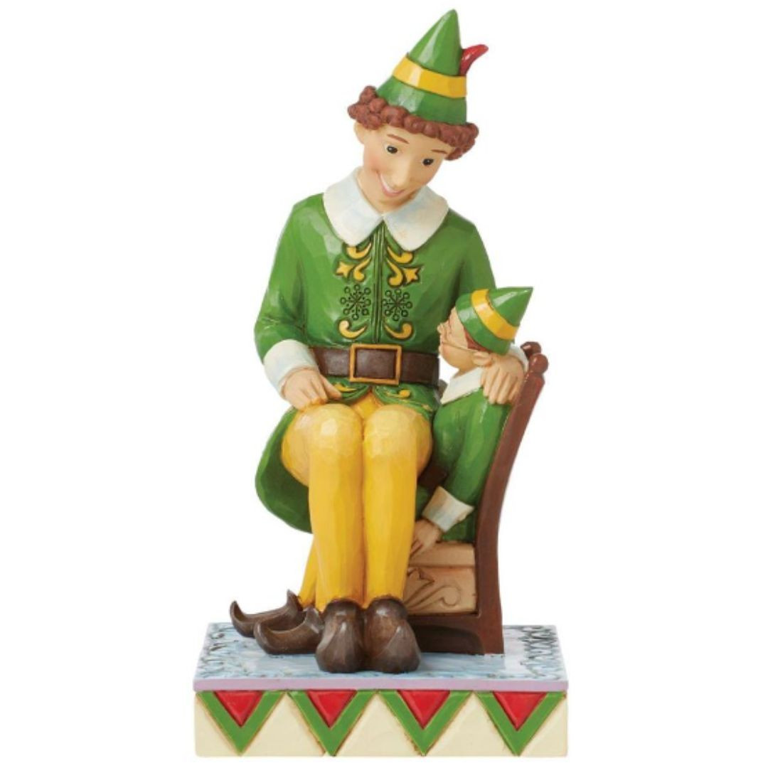 Buddy Elf Sitting on Papa Elf Figure by Jim Shore - RetroFestive.ca