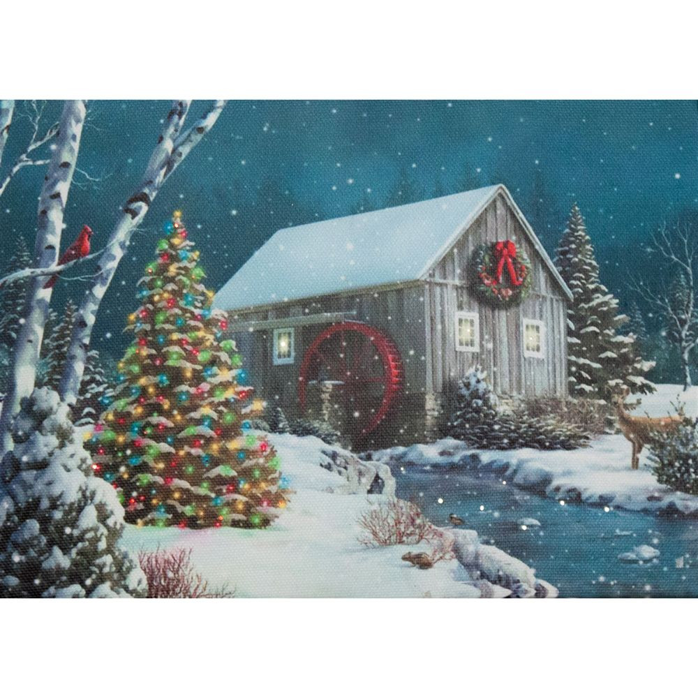 Old Mill at Christmas Lighted LED Canvas - RetroFestive.ca