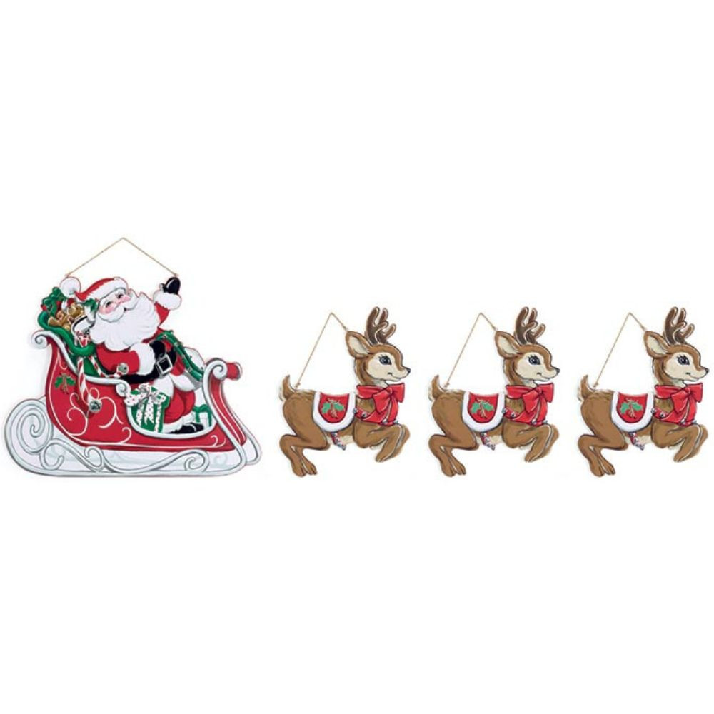 Large Wooden Santa and Reindeer Hanging Art (4-Pc Set) - RetroFestive.ca