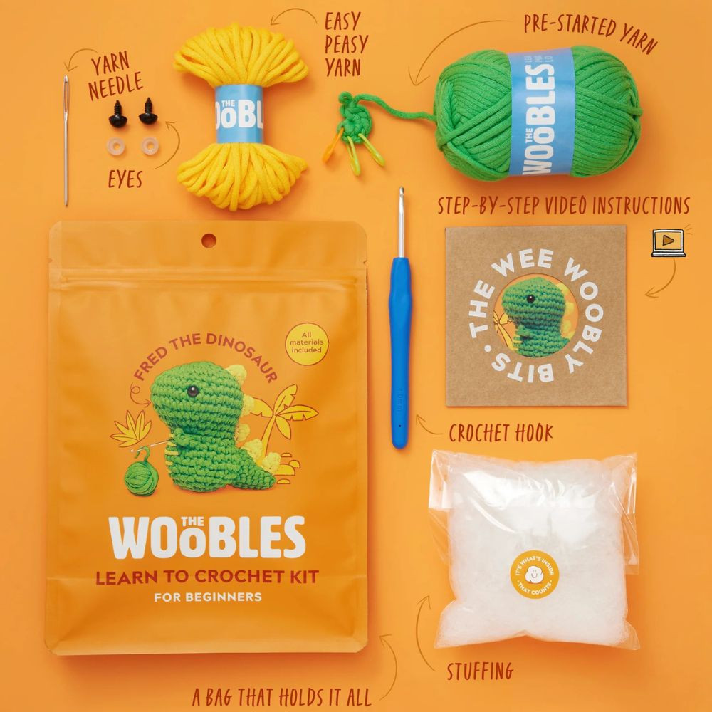 The Woobles: Fred The Dinosaur Crochet Kit for Beginners - RetroFestive.ca