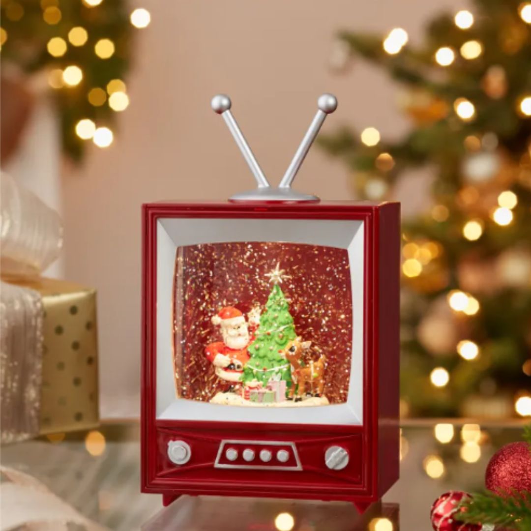 Rudolph and Santa Musical TV Light-Up Glitter Table Piece - RetroFestive.ca