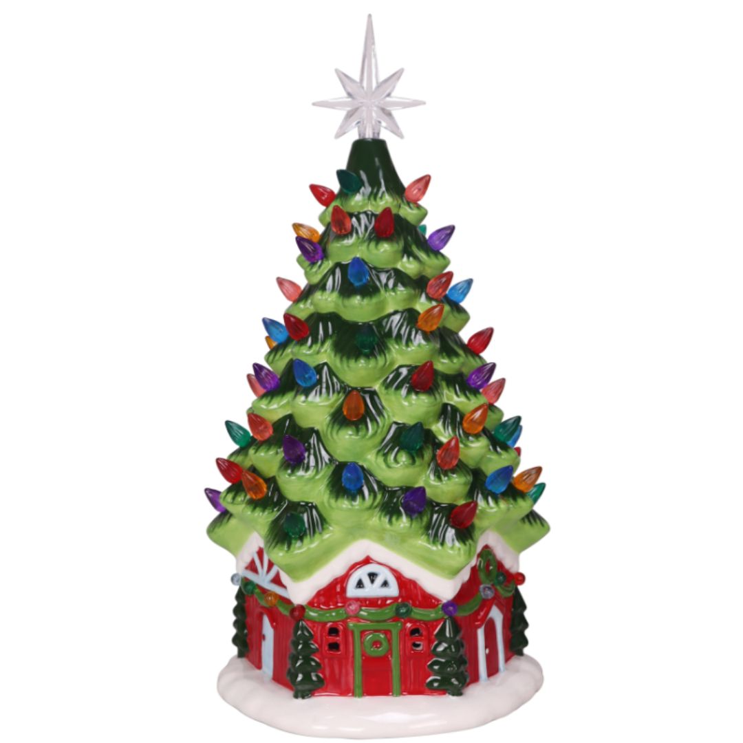 14.5" Light-Up Green Village House Ceramic Tree - RetroFestive.ca