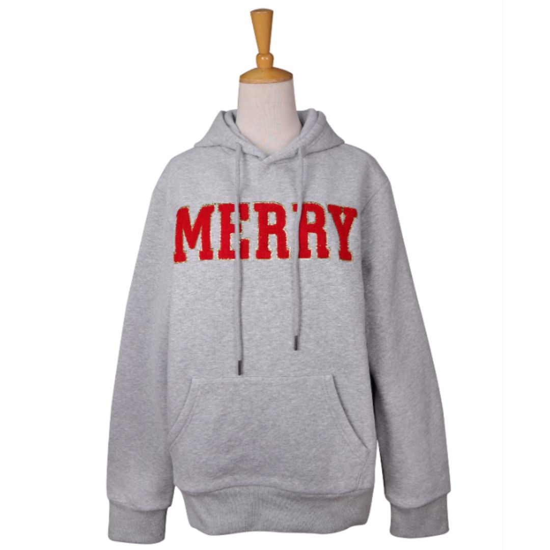 MERRY Hoodie Sweatshirt with Chenille Letters - Grey - RetroFestive.ca