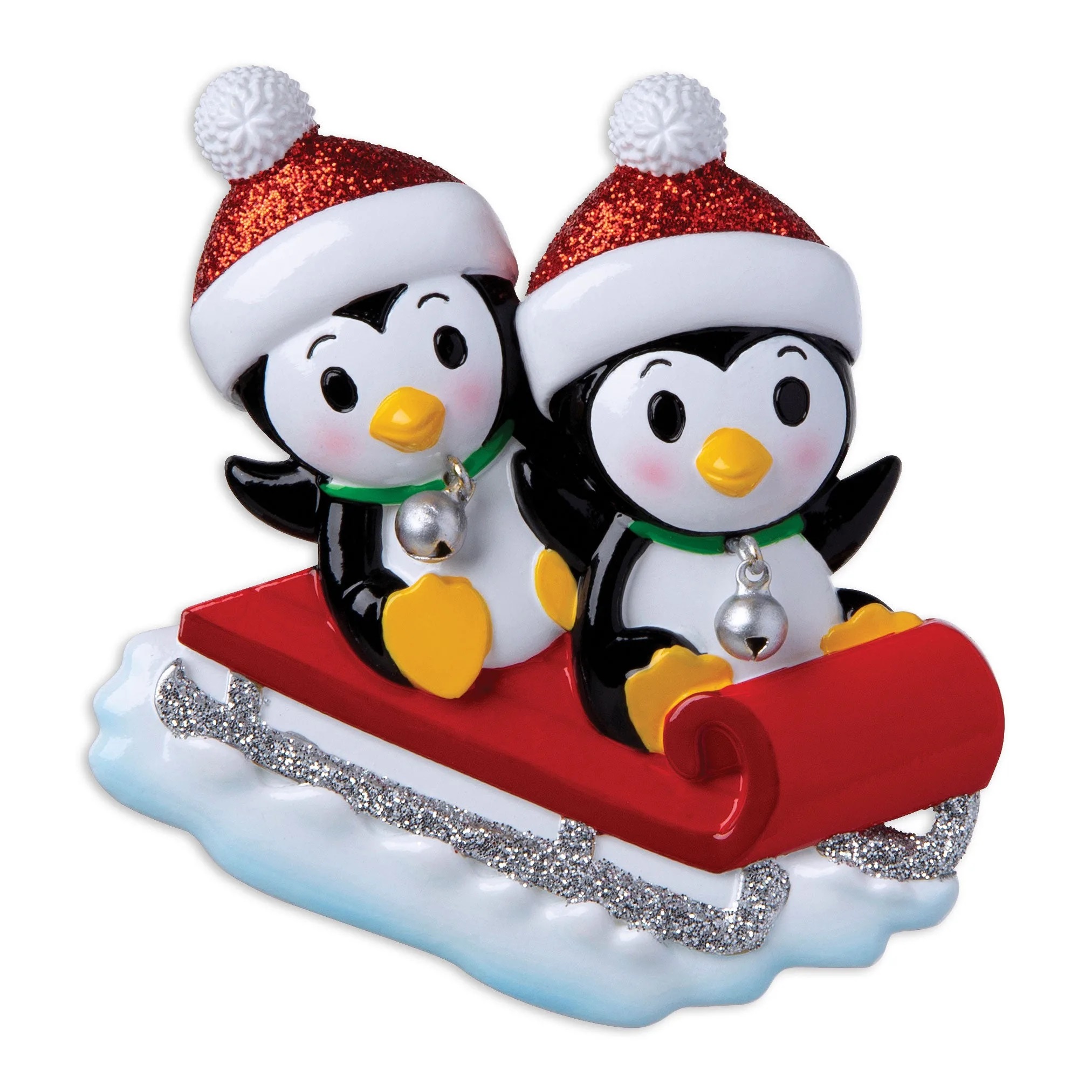 Two Penguins on Red Sled Personalized Ornament Canada | RetroFestive.ca