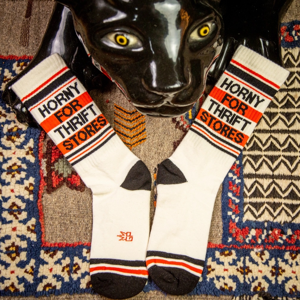 Horny for Thrift Stores Gym Crew Socks by Gumball Poodle - RetroFestive.ca