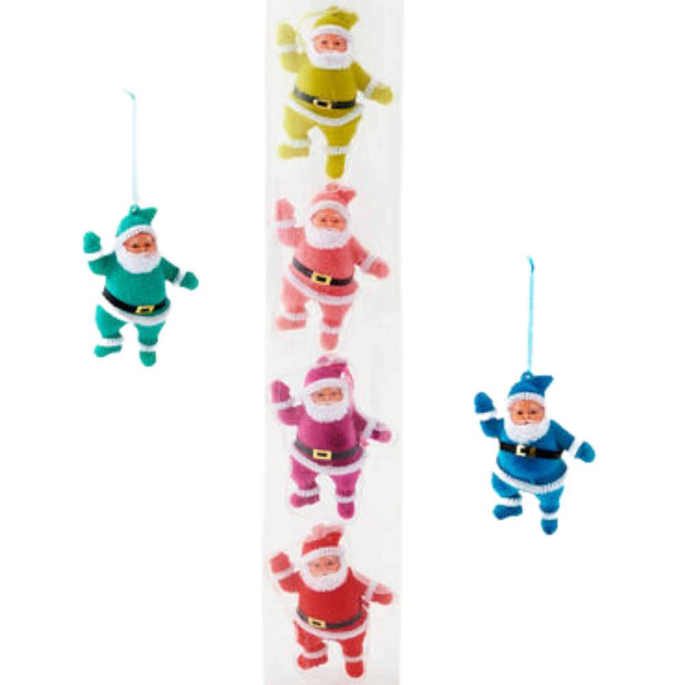 Set of 6 Colourful Flocked Retro Santa Ornaments - RetroFestive.ca