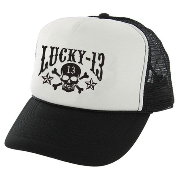 LUCKY 13 Skull Stars Printed Black White Trucker Snapback Hat ...
