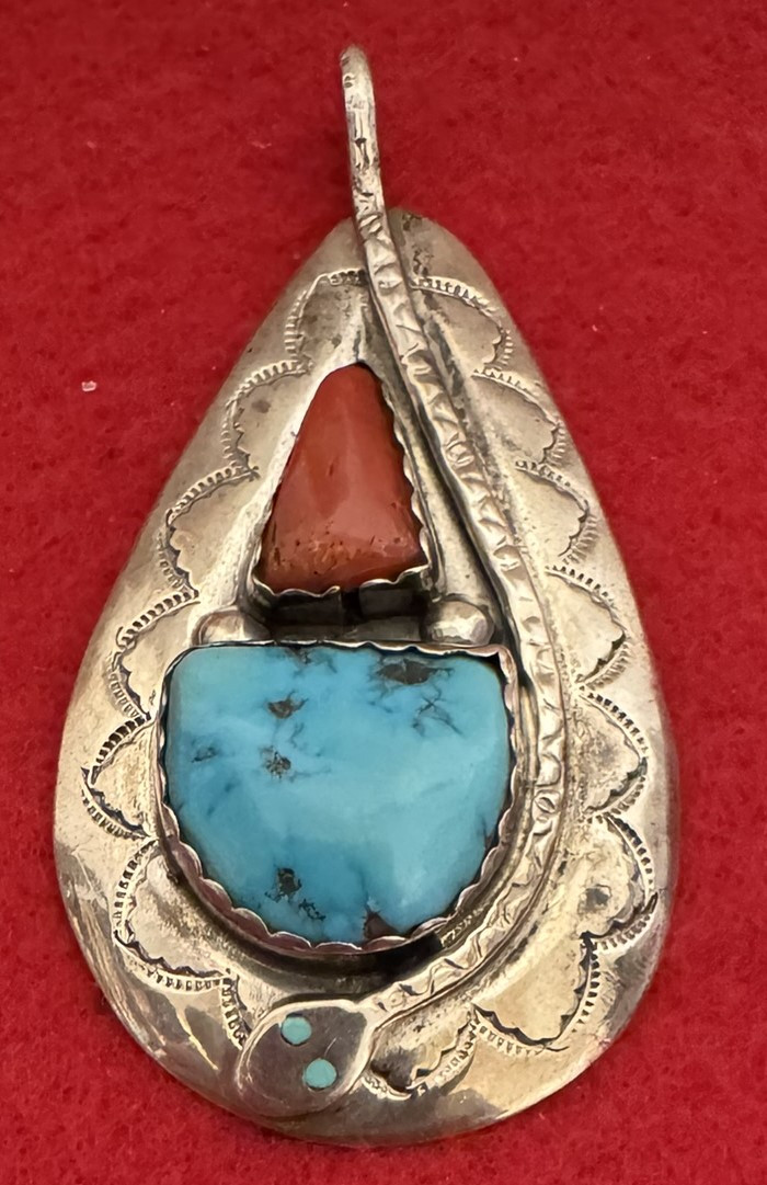 Zuni Pendant, Turquoise&Coral, Sterling Silver,Artist Signed Effie C Zuni