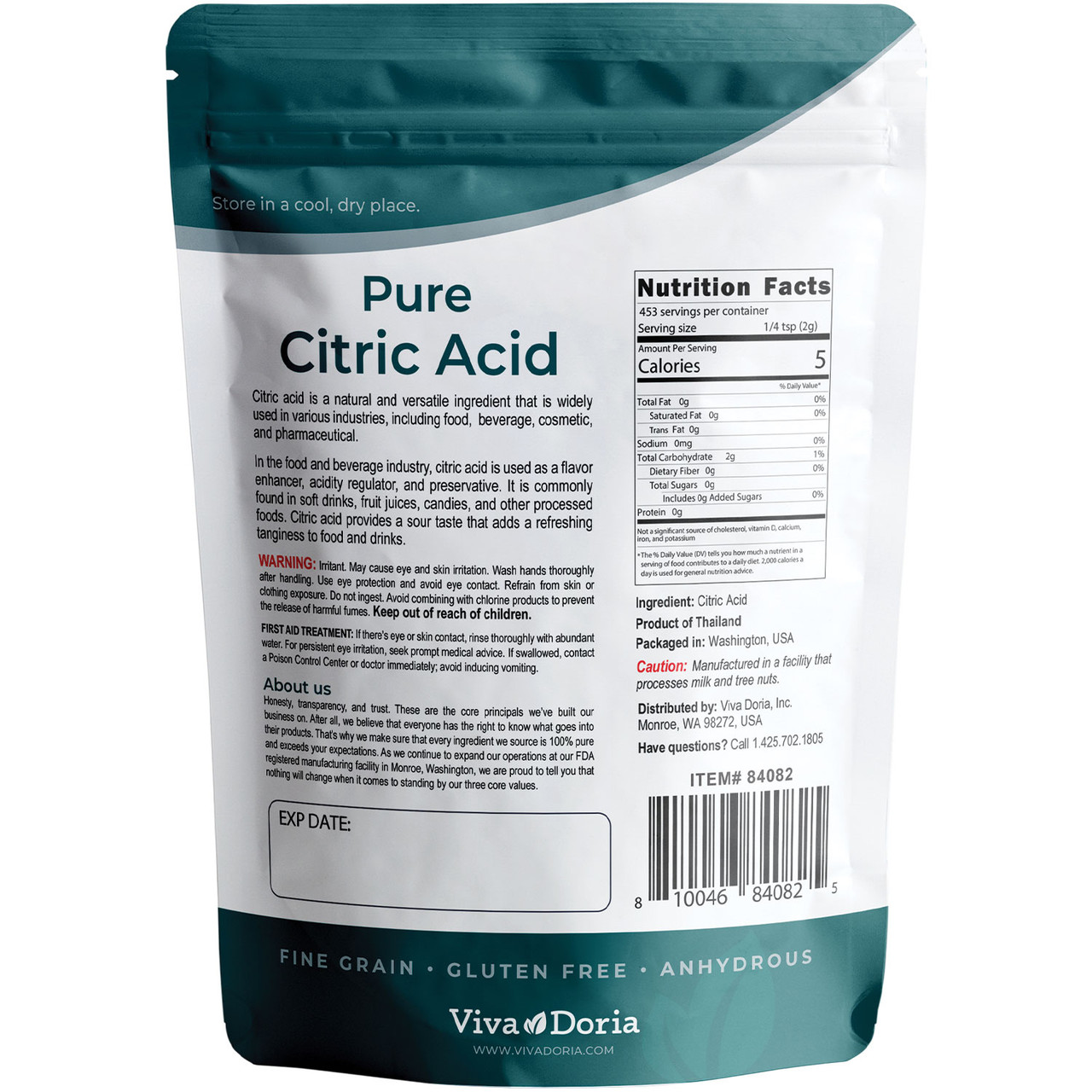 Viva Doria 100% Pure Citric Acid, Food Grade, Fine Grain, 2 lb (907 g)