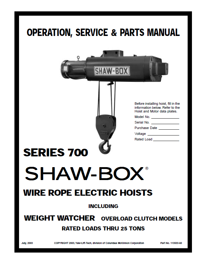 Shaw-Box Series 700 Electric Wire Rope Hoist Manual ShawBox_Series700E_Man