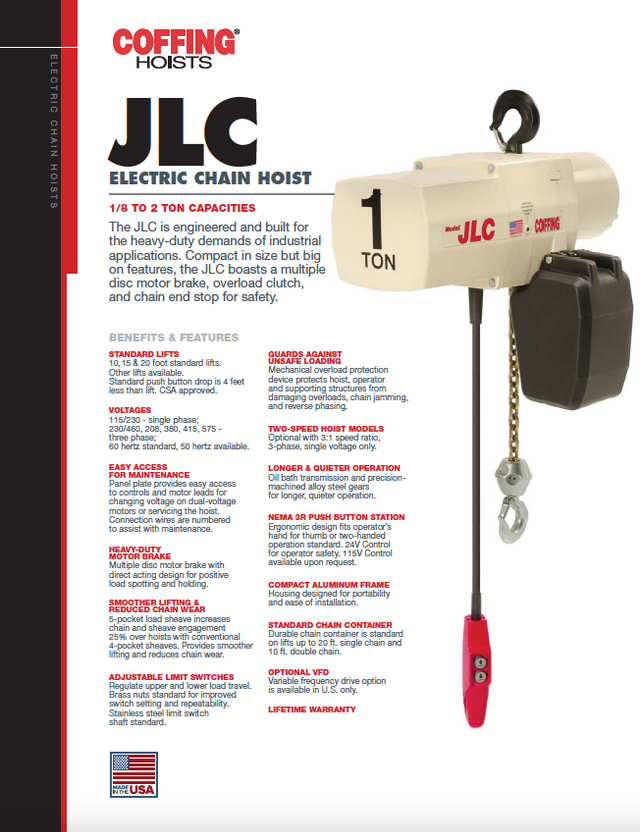 Coffing JLC Electric Chain Hoist Product Sheet