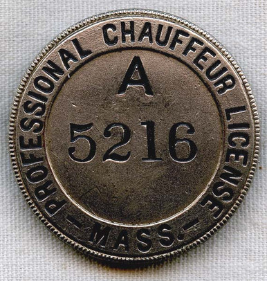 Very Early (Ca 1904) Massachusetts Professional Chauffeur License Badge ...