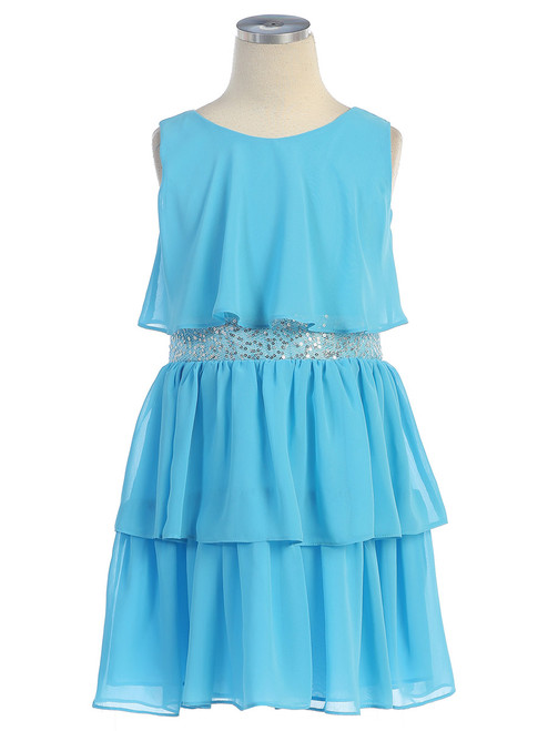 Turquoise Tiered Chiffon Dress w/ Sequins Belt - Pink Princess
