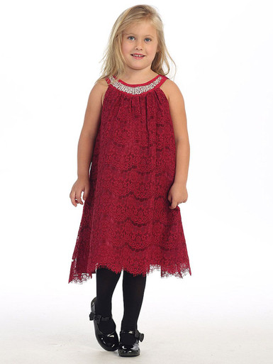 Raspberry Red Lace Dress w/ Jeweled Neckline - Pink Princess