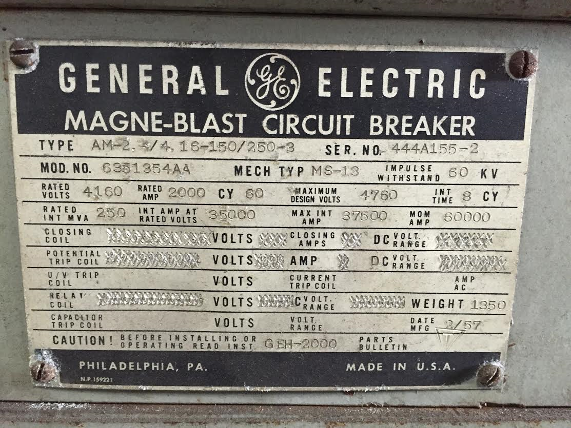 AM-2.4/4.16-150/250-3 GE Magne-Blast 2000A 4.76KV Air Circuit Breaker ...