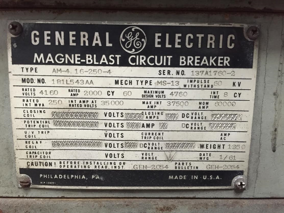 AM-4.16-250-4 GE Magne-Blast 2000A 4.76KV Air Circuit Breaker - Bullock ...