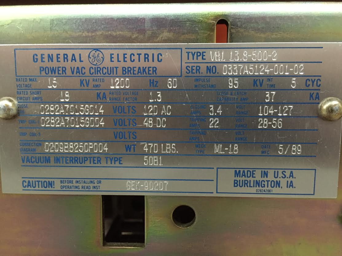 VB1-13.8-500-2 GE 1200A 15KV Vacuum Circuit Breaker - Bullock Breakers