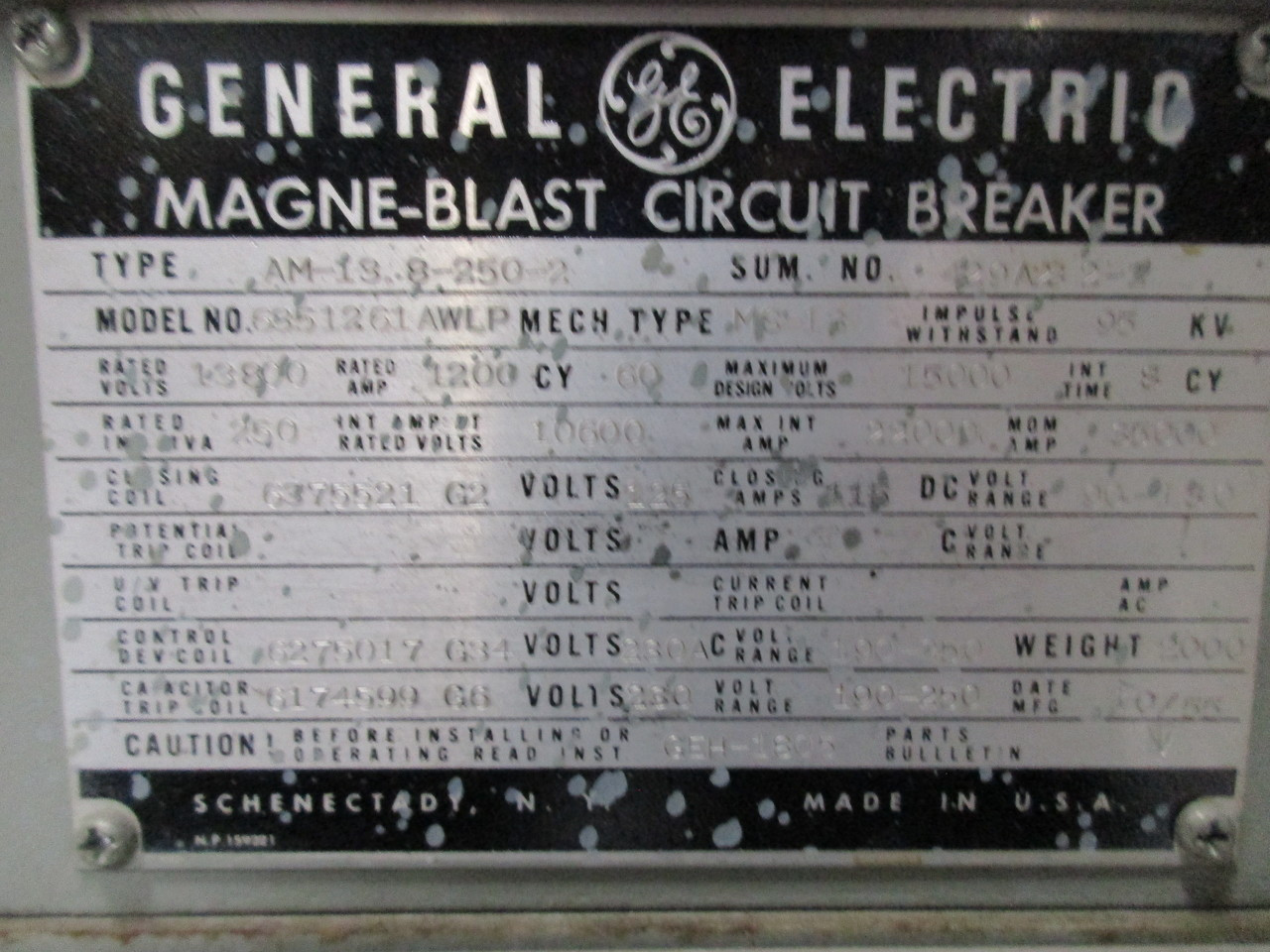 AM-13.8-250-2 GE Magne-Blast 1200A 15KV Air Circuit Breaker - Bullock ...