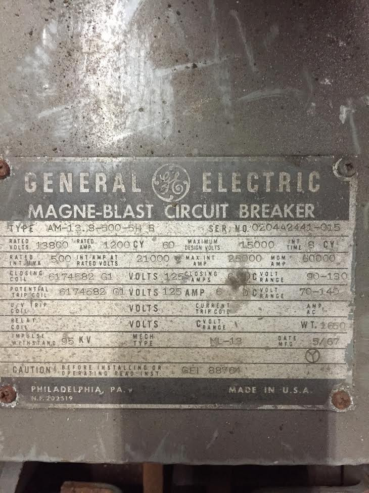 AM-13.8-500-5H-B GE Magne-Blast 1200A 15KV Air Circuit Breaker ...